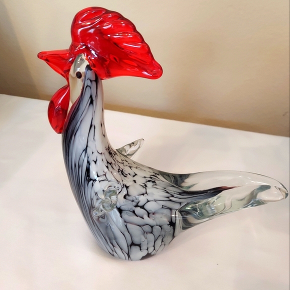 Accents | Art Glass Chicken Sculpture Sitting Gray Black Clear Body Red ...